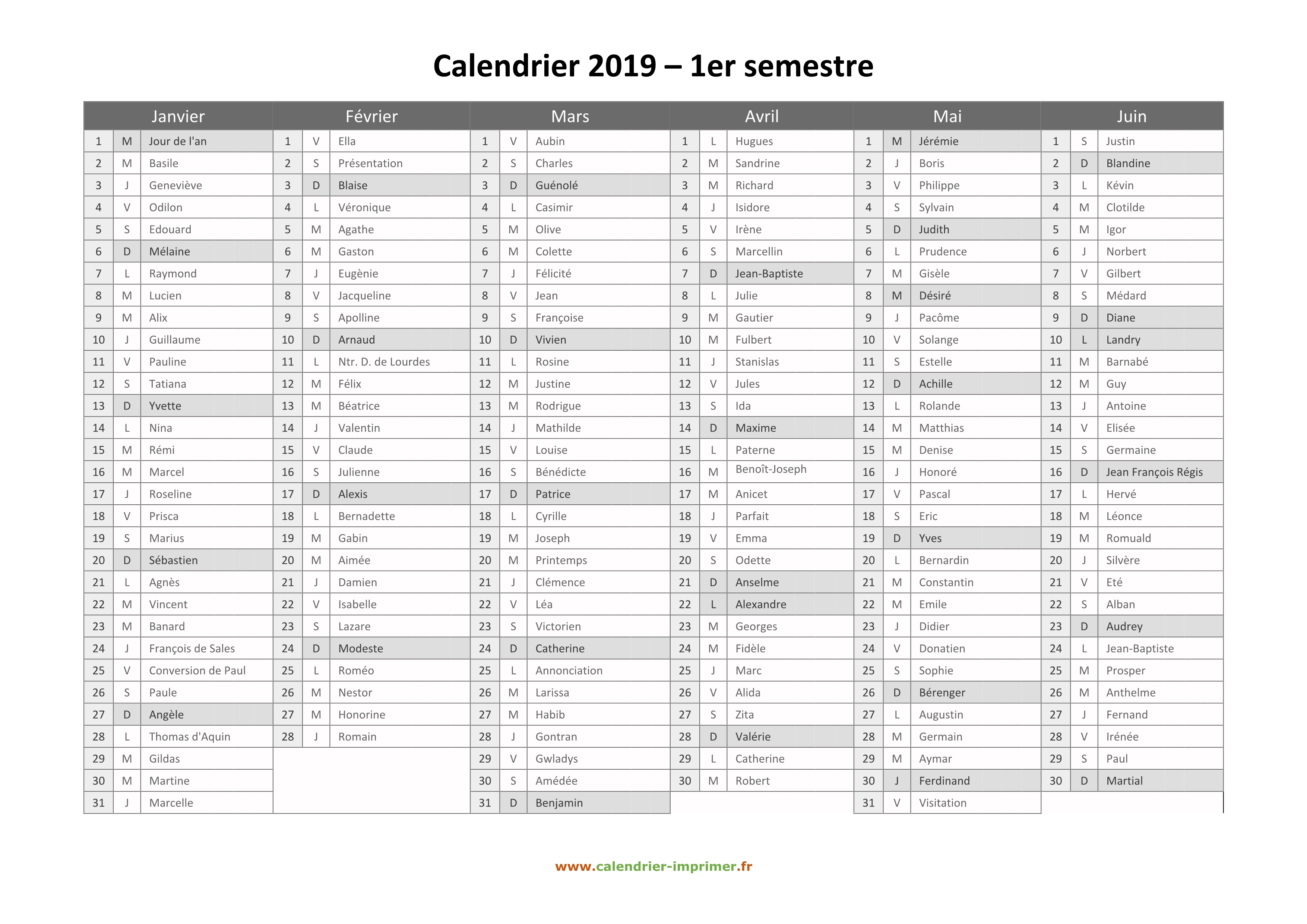Calendrier 2019 à imprimer gratuit