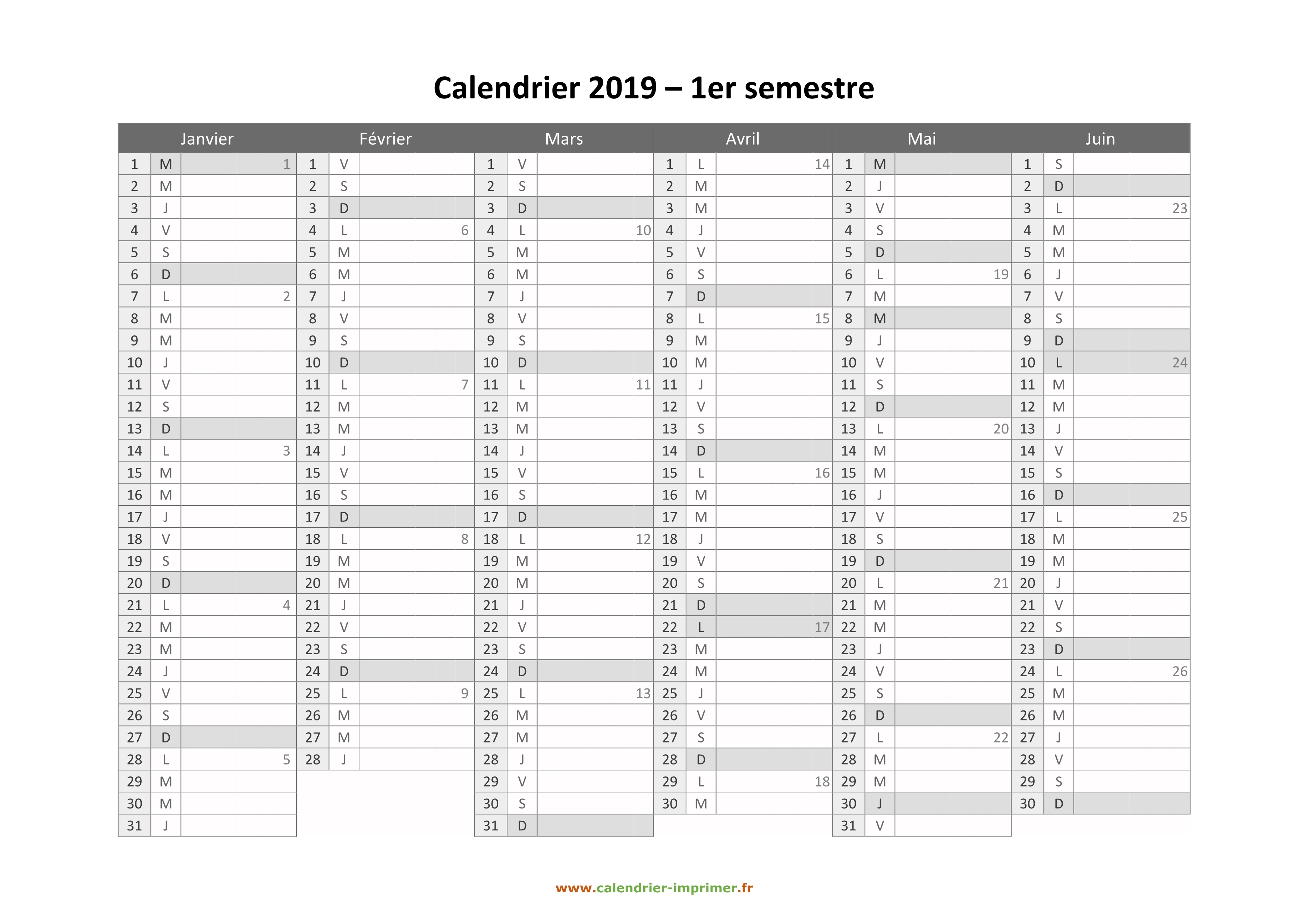 Calendrier 2019 à imprimer gratuit