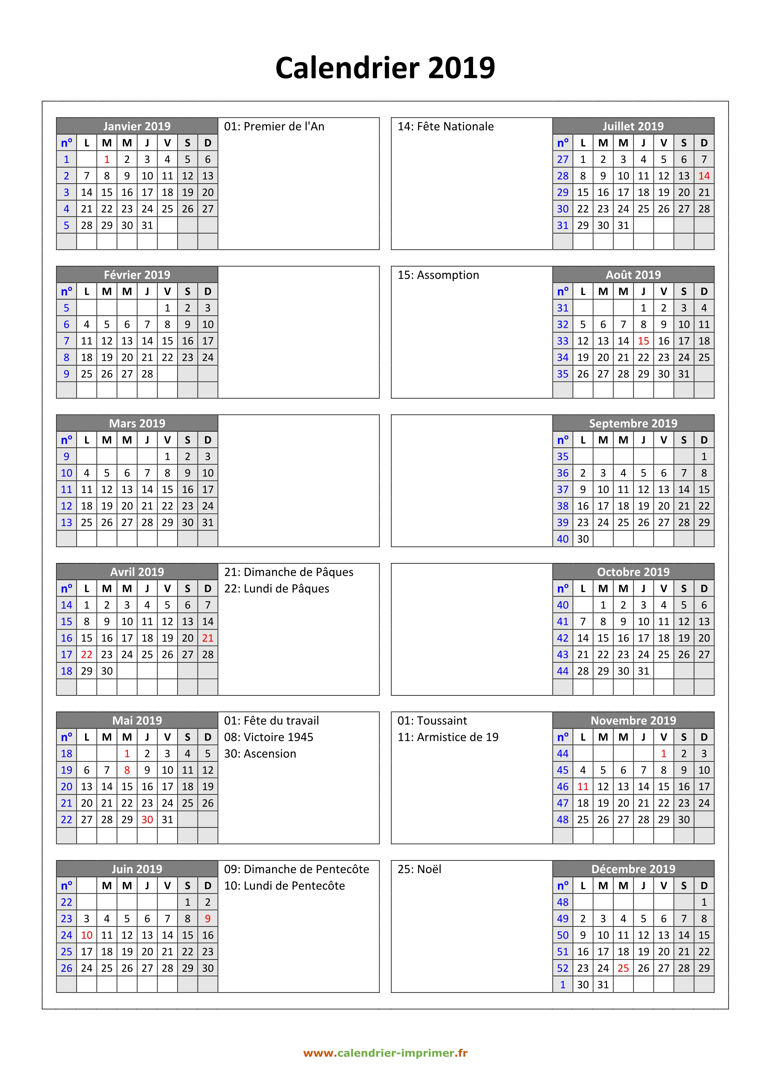 Calendrier 2019 à imprimer gratuit