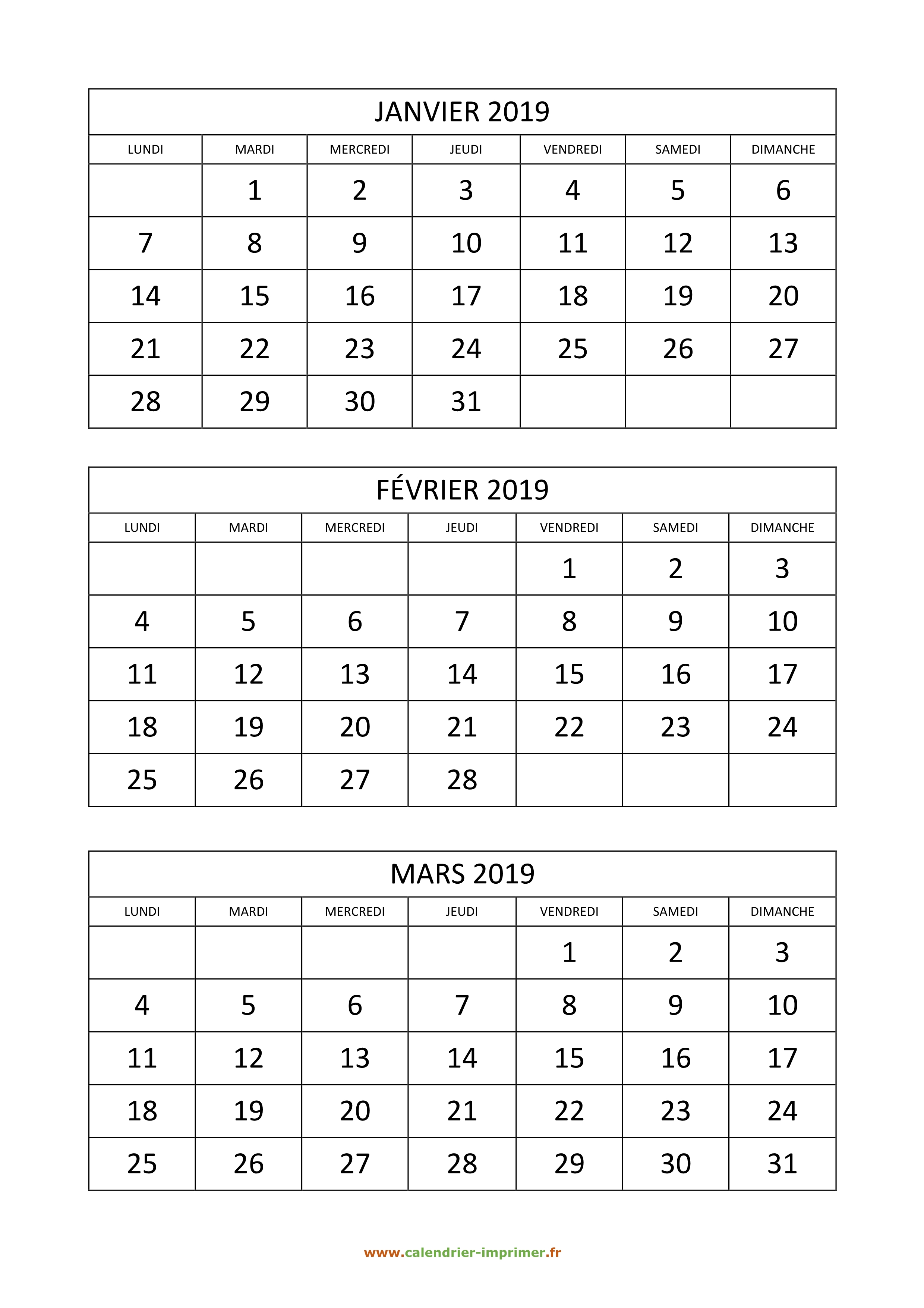 Calendrier 2019 à imprimer gratuit