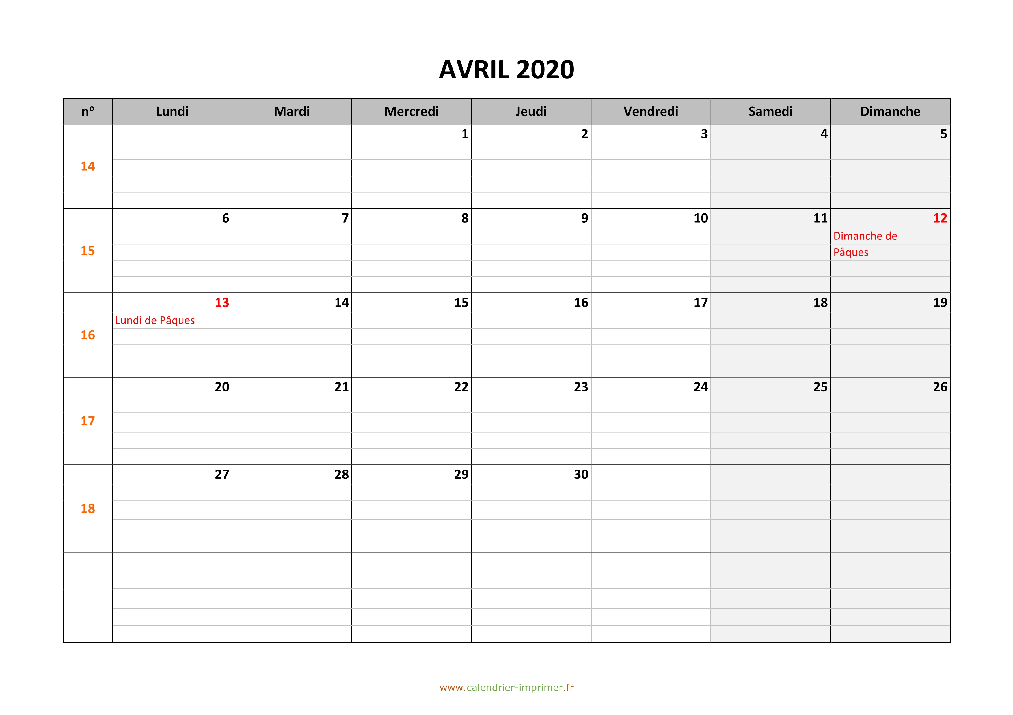 Calendrier Avril 2020 à imprimer