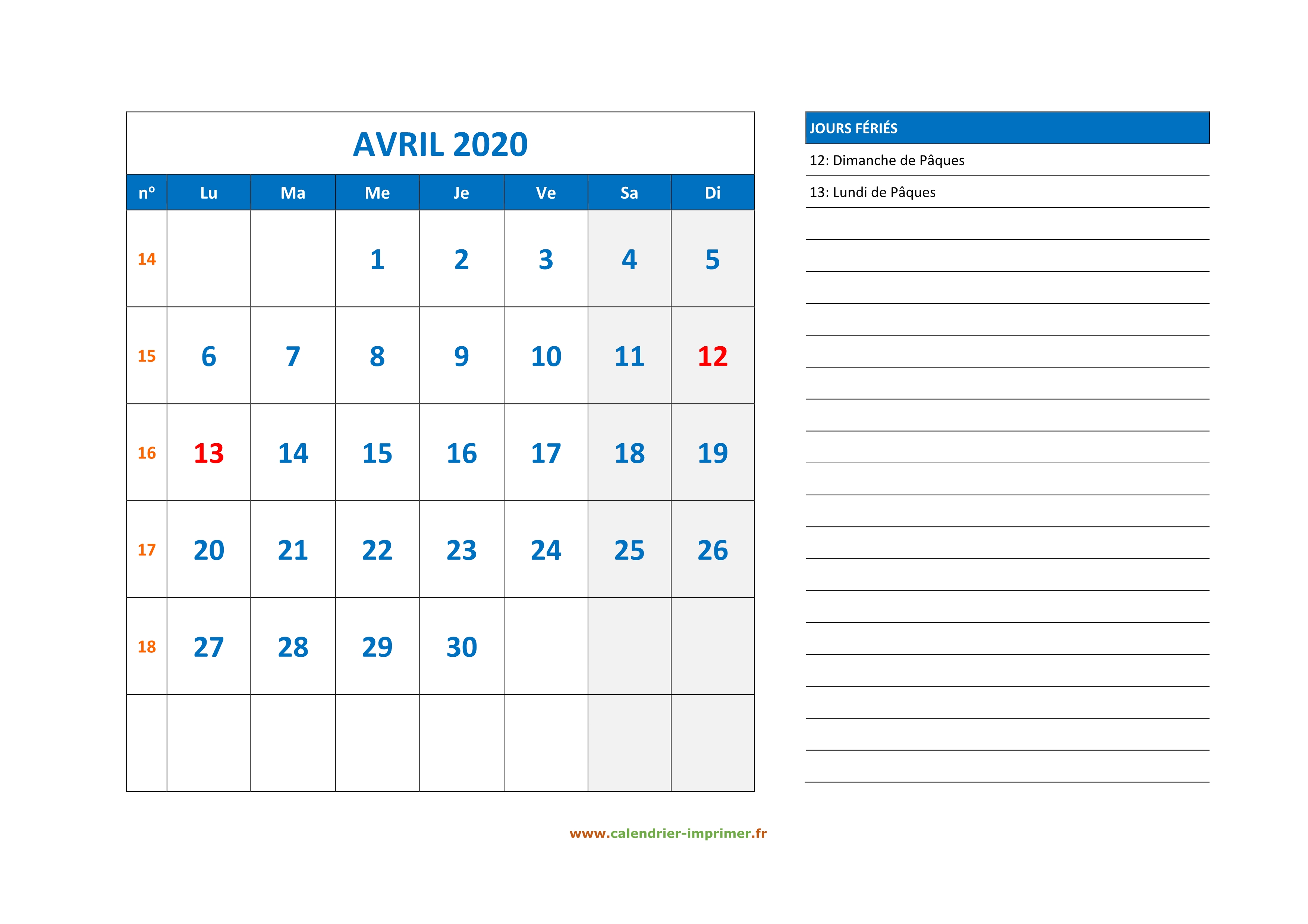 Calendrier Avril 2020 à imprimer