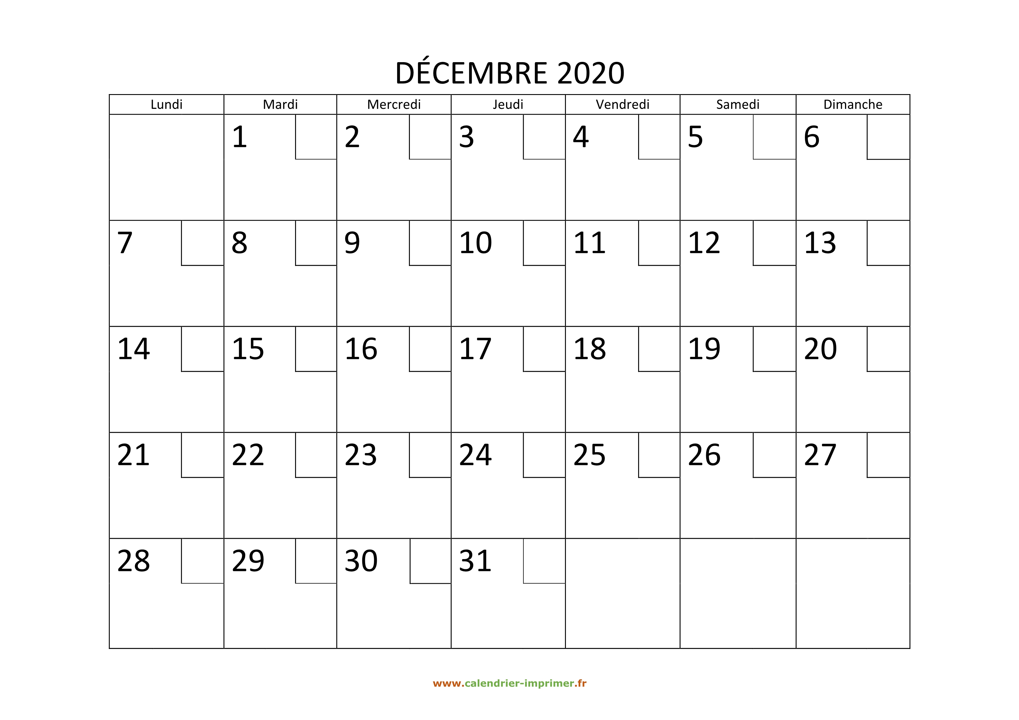 Calendrier Décembre 2020 à imprimer Calendrier Décembre 2020 à imprimer