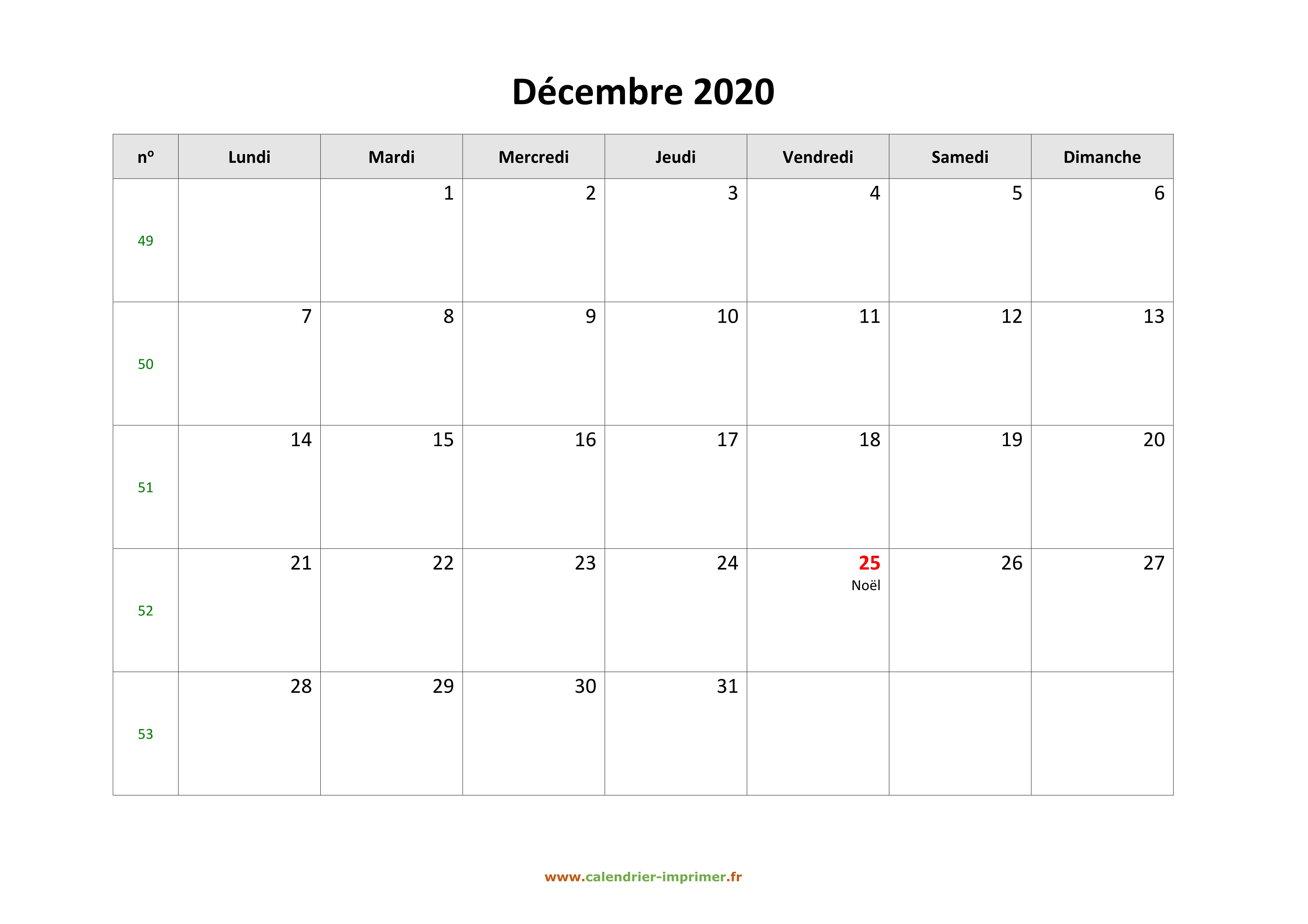 Calendrier Décembre 2020 à imprimer Calendrier Décembre 2020 à imprimer