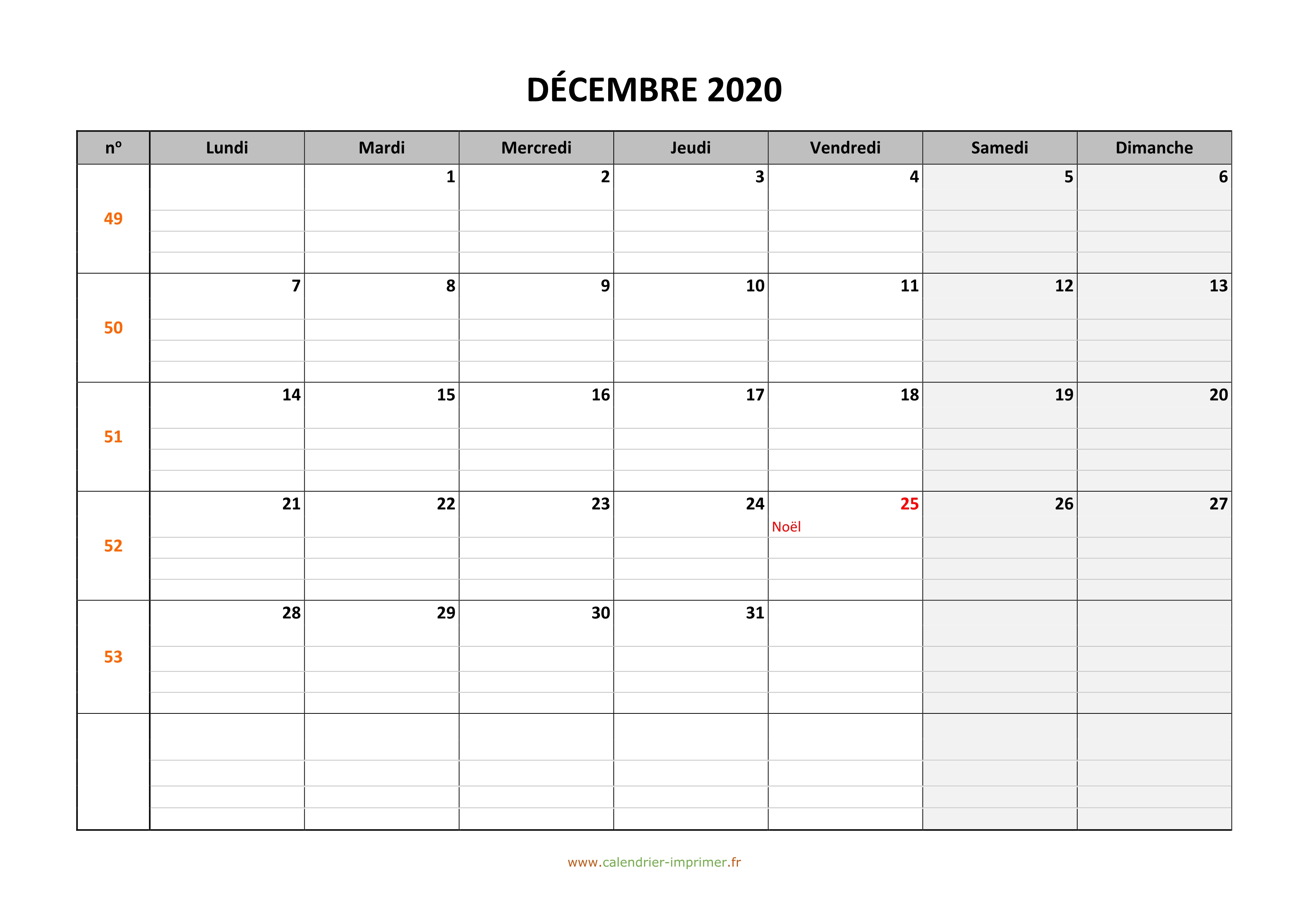 Calendrier Décembre 2020 à imprimer Calendrier Décembre 2020 à imprimer