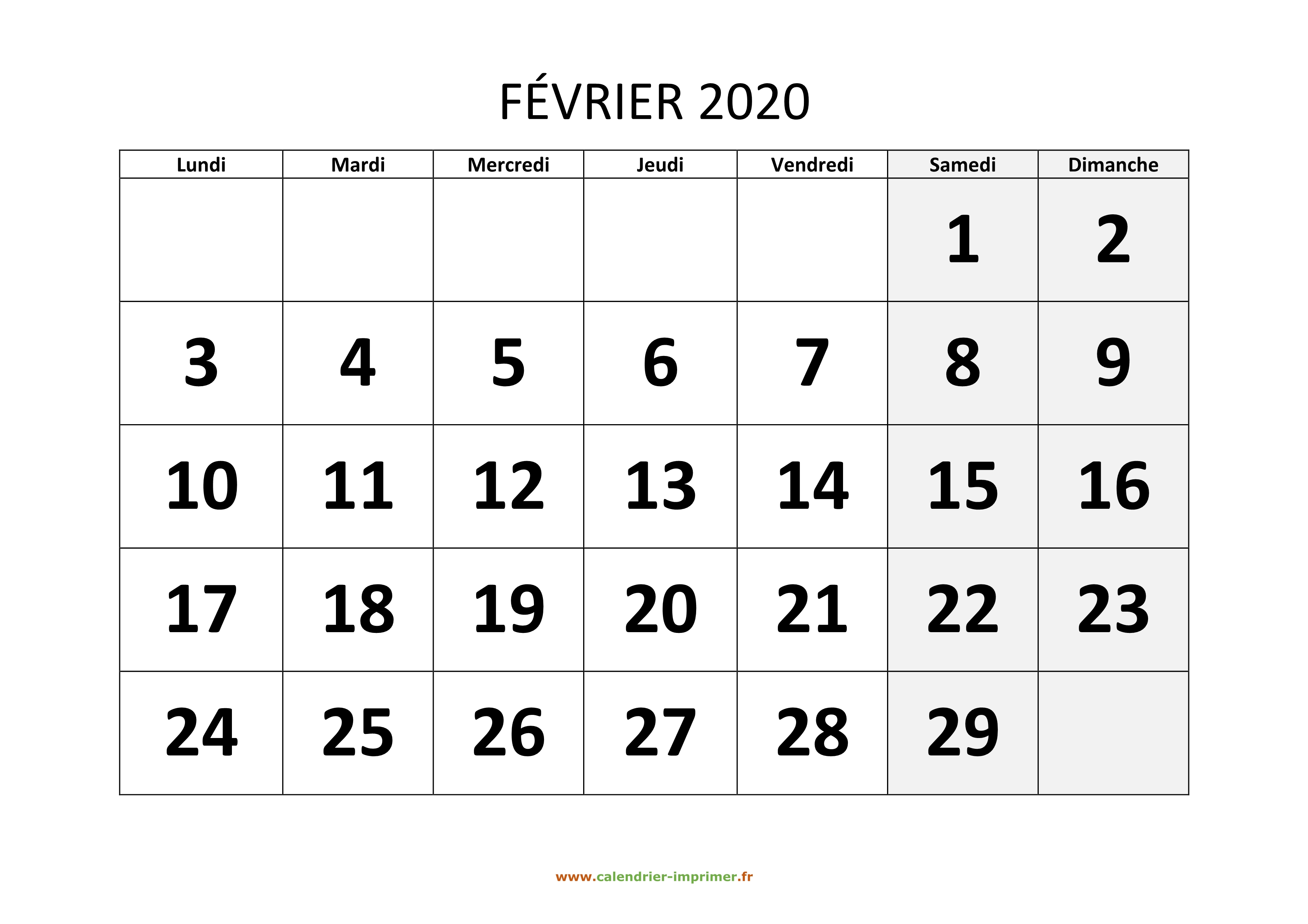 Calendrier Février 2020 à imprimer Calendrier Février 2020 à imprimer