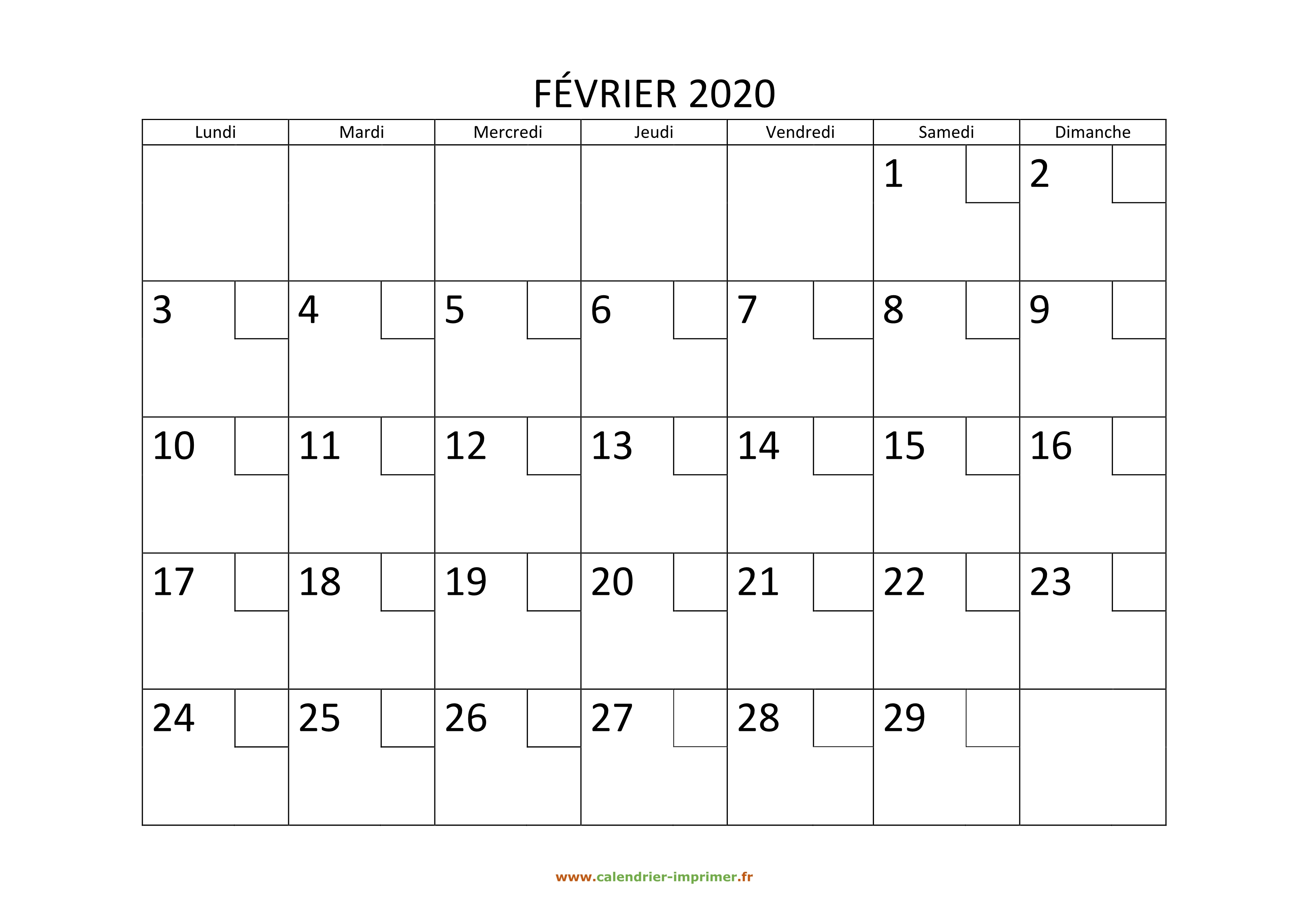 Calendrier Février 2020 à imprimer