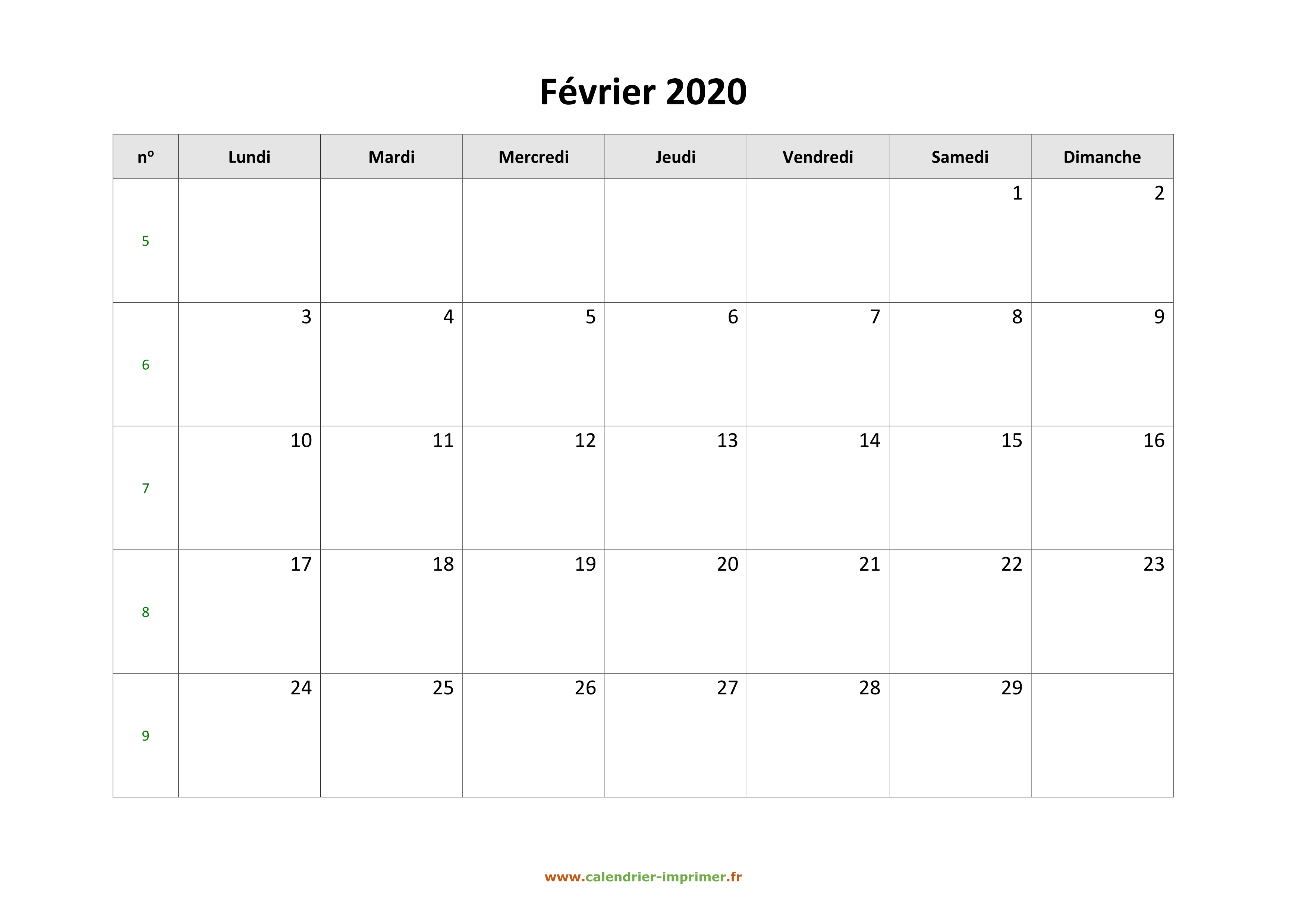 Calendrier Février 2020 à imprimer