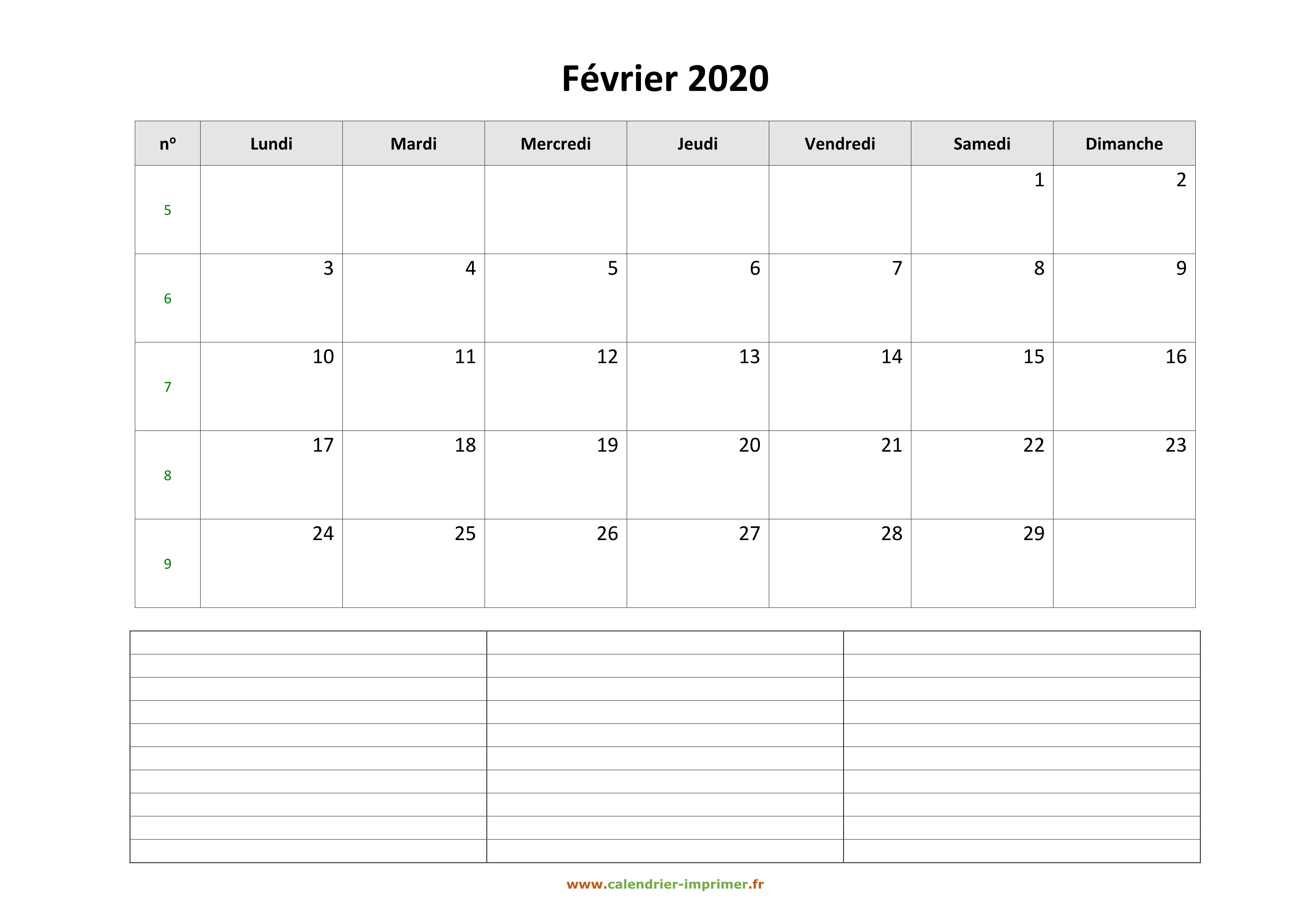 Calendrier Février 2020 à imprimer