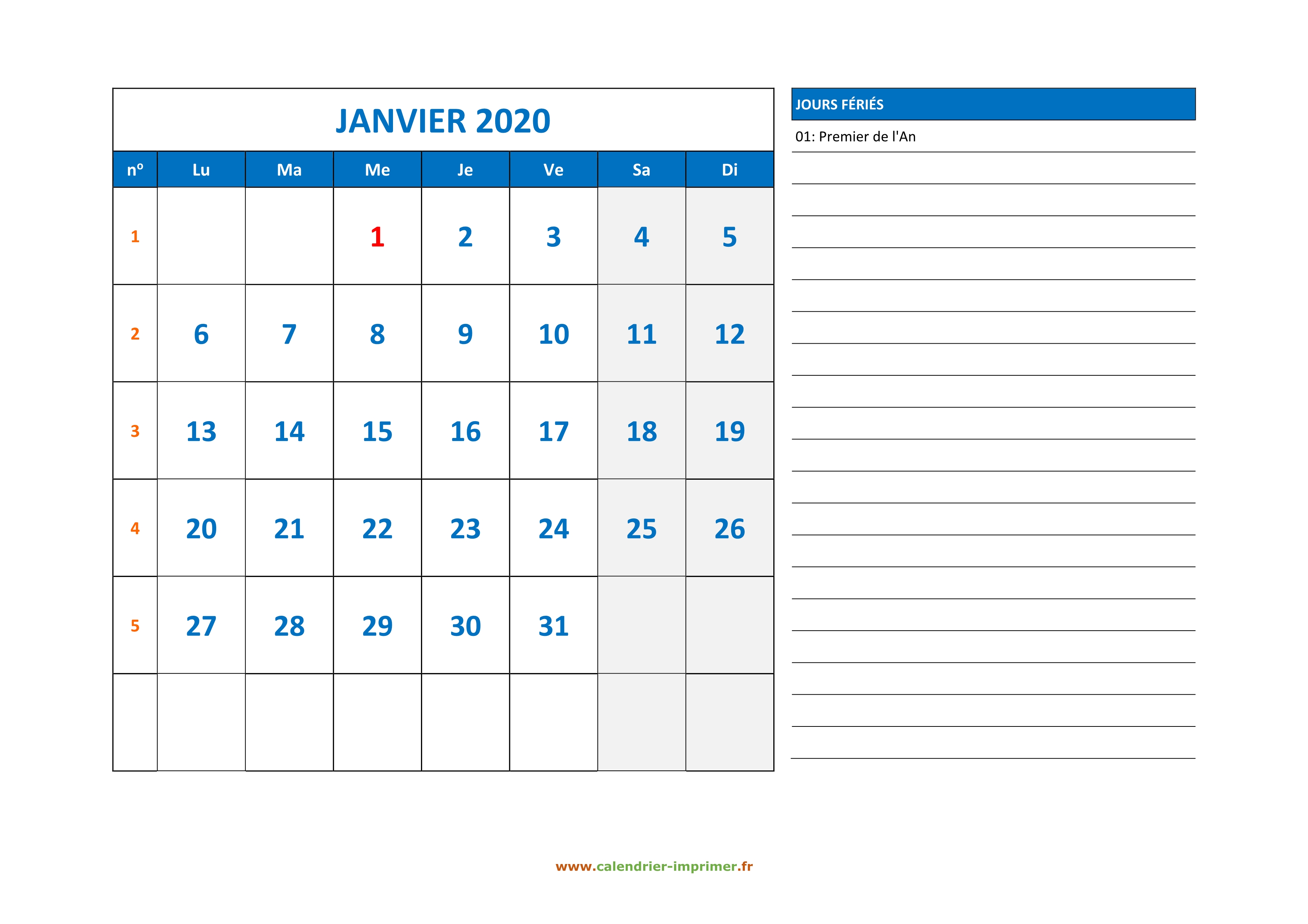 Calendrier Janvier 2020 à imprimer