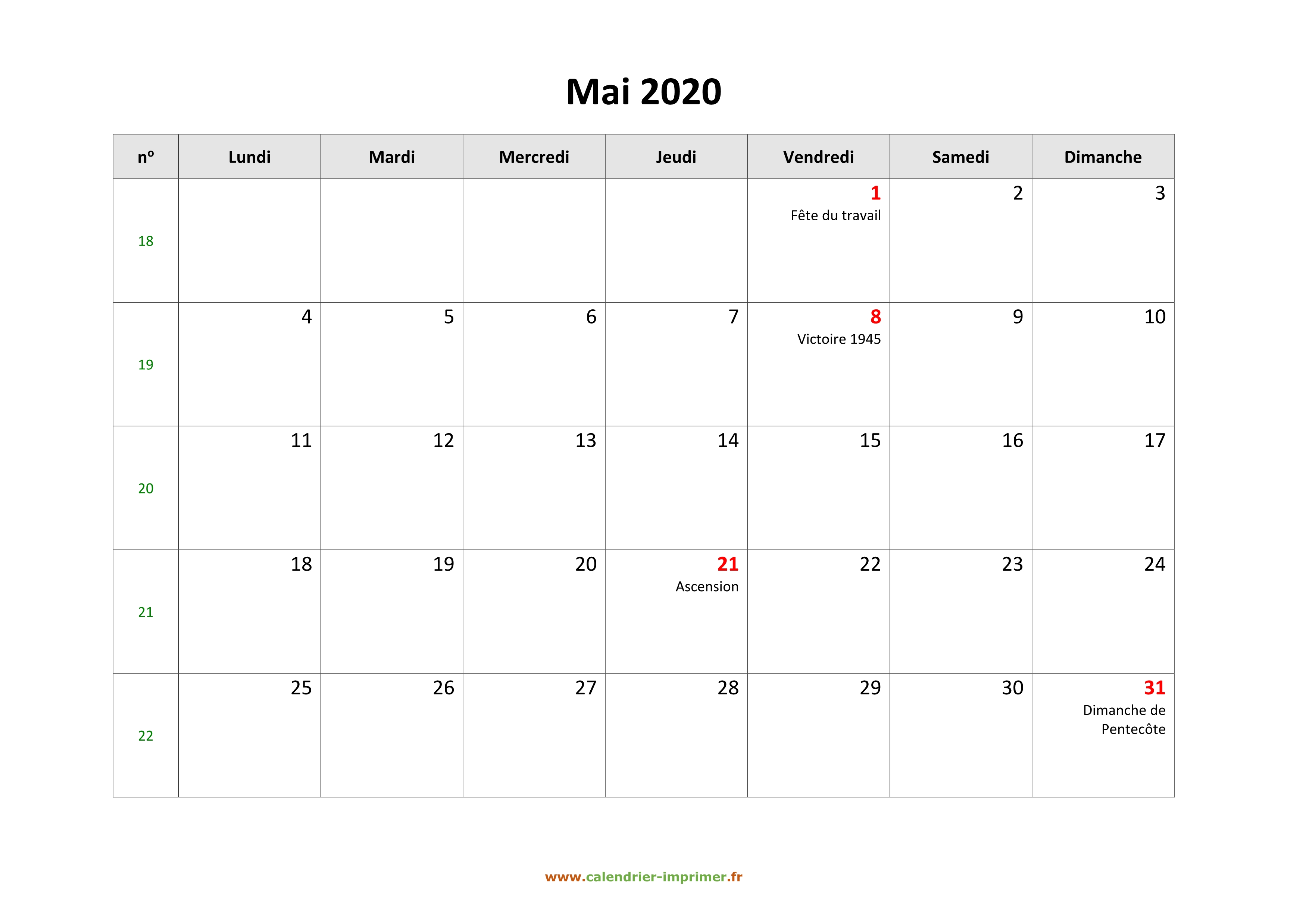 Calendrier Mai 2020 à imprimer