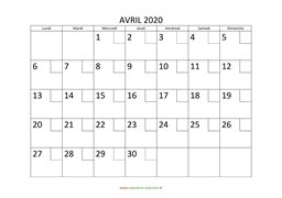 Calendrier Avril 2020 à imprimer