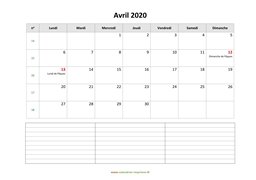 Calendrier Avril 2020 à imprimer
