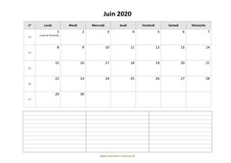 Calendrier Juin 2020 à imprimer