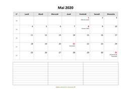 Calendrier Mai 2020 à imprimer
