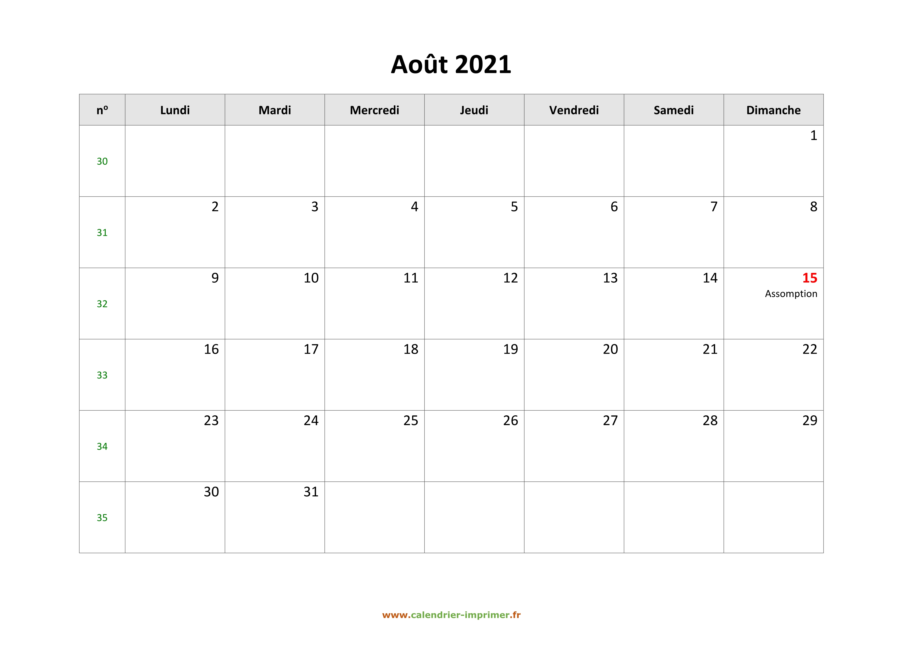 Calendrier Août 2021 à imprimer