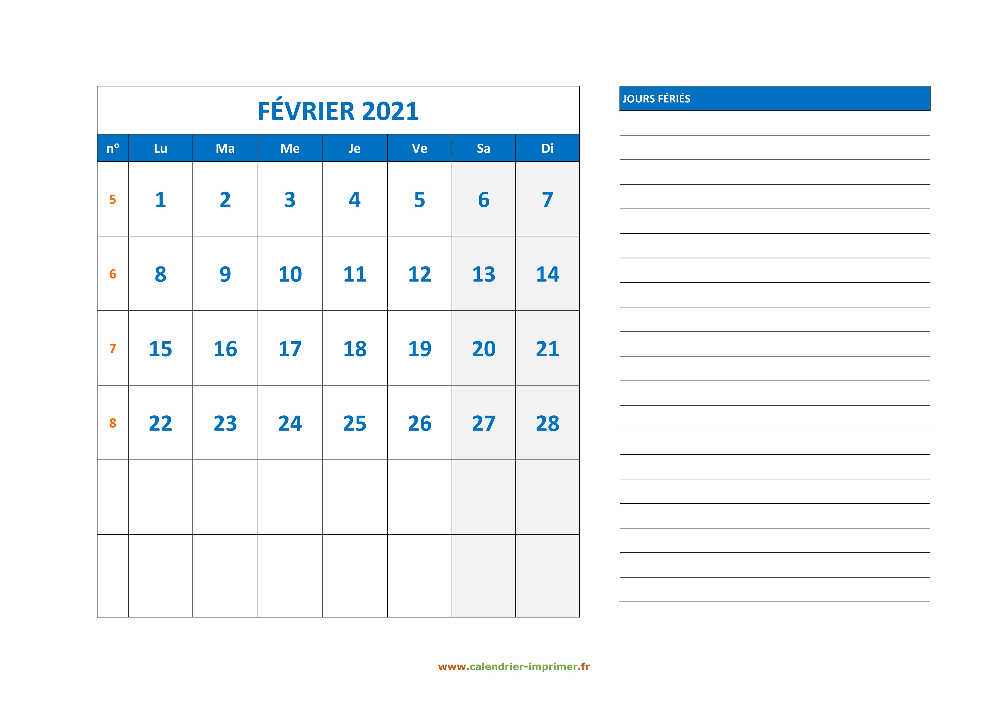 Calendrier Février 2021 à imprimer
