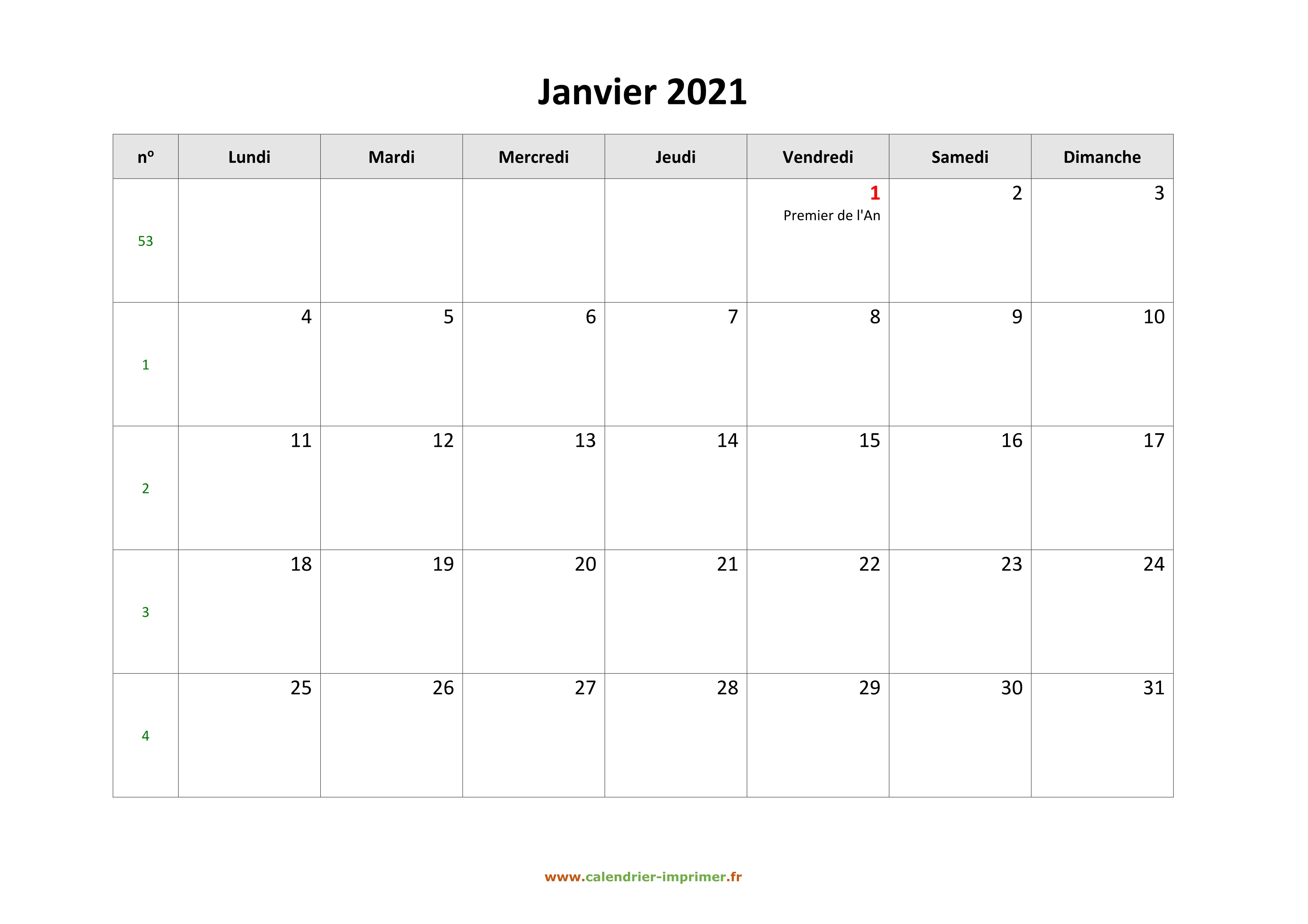 Calendrier Janvier 2021 à imprimer Calendrier Janvier 2021 à imprimer