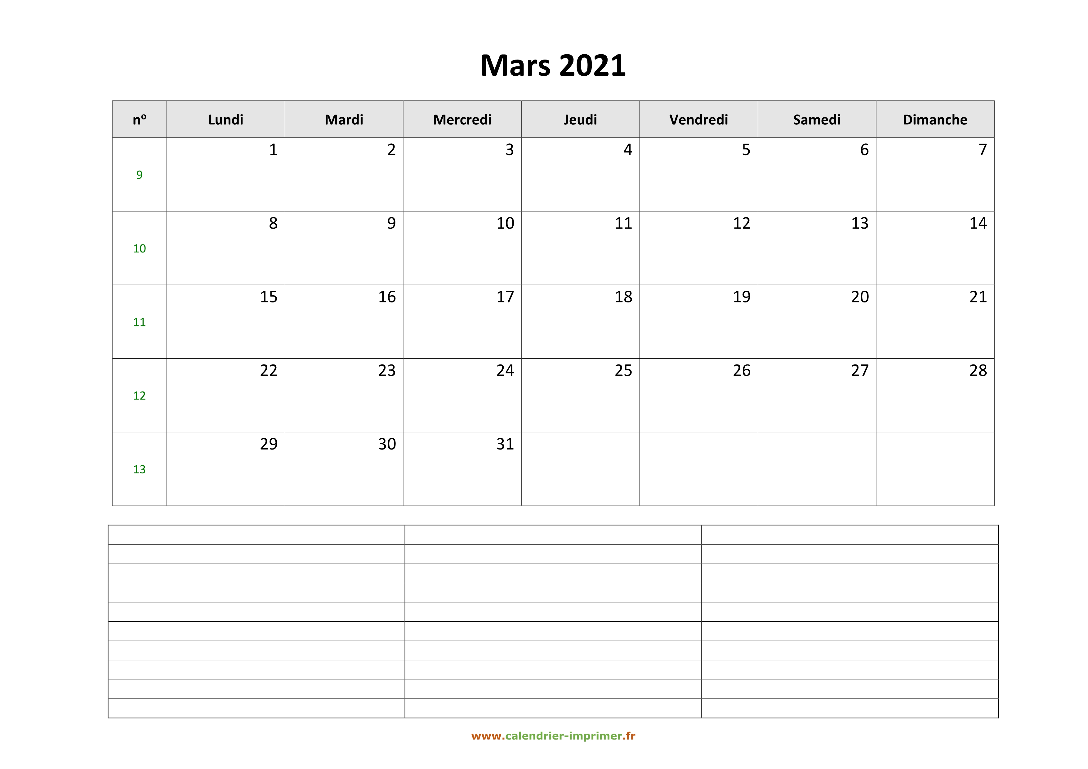 Calendrier Mars 2021 à imprimer