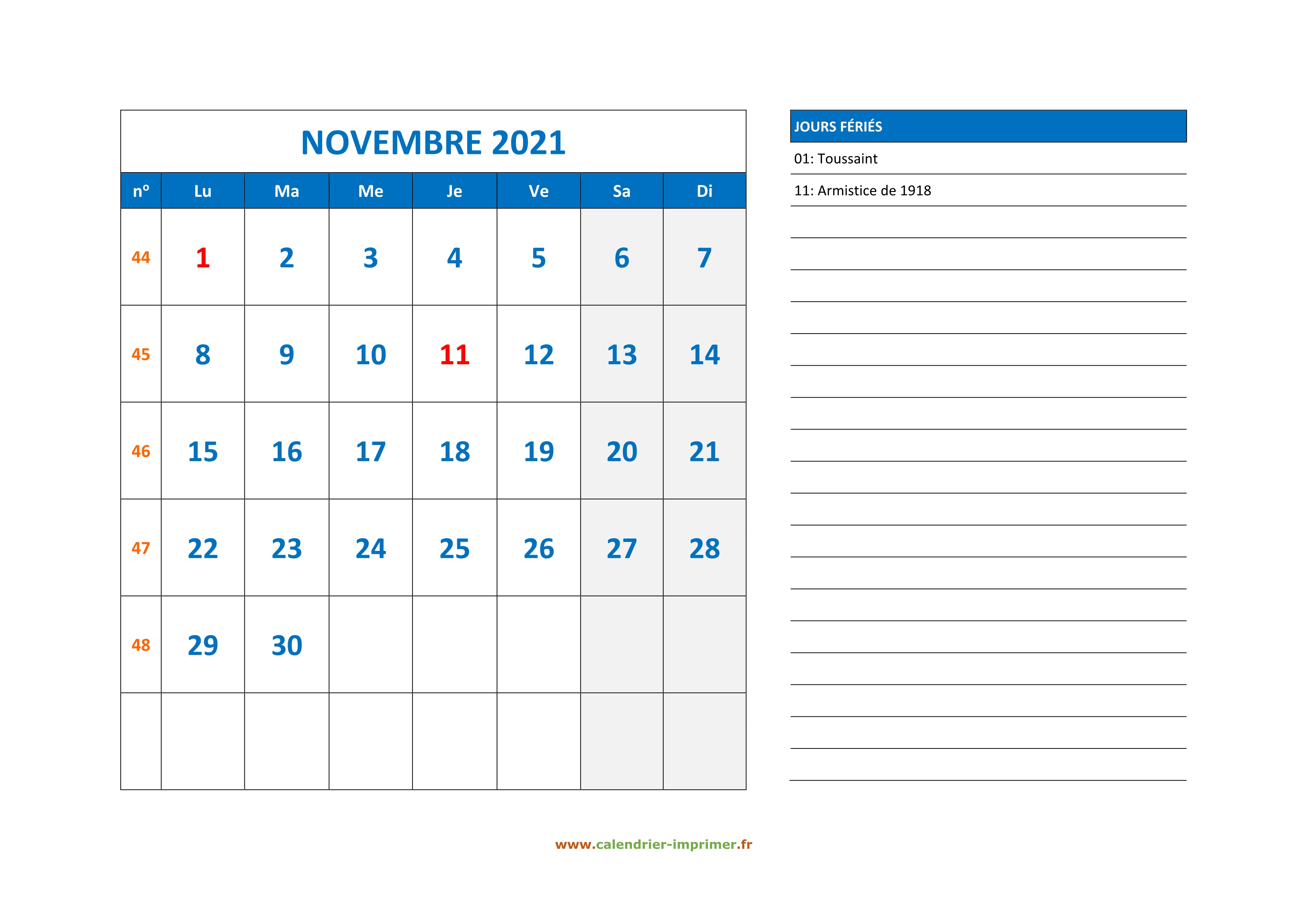 Calendrier Novembre 2021 à imprimer