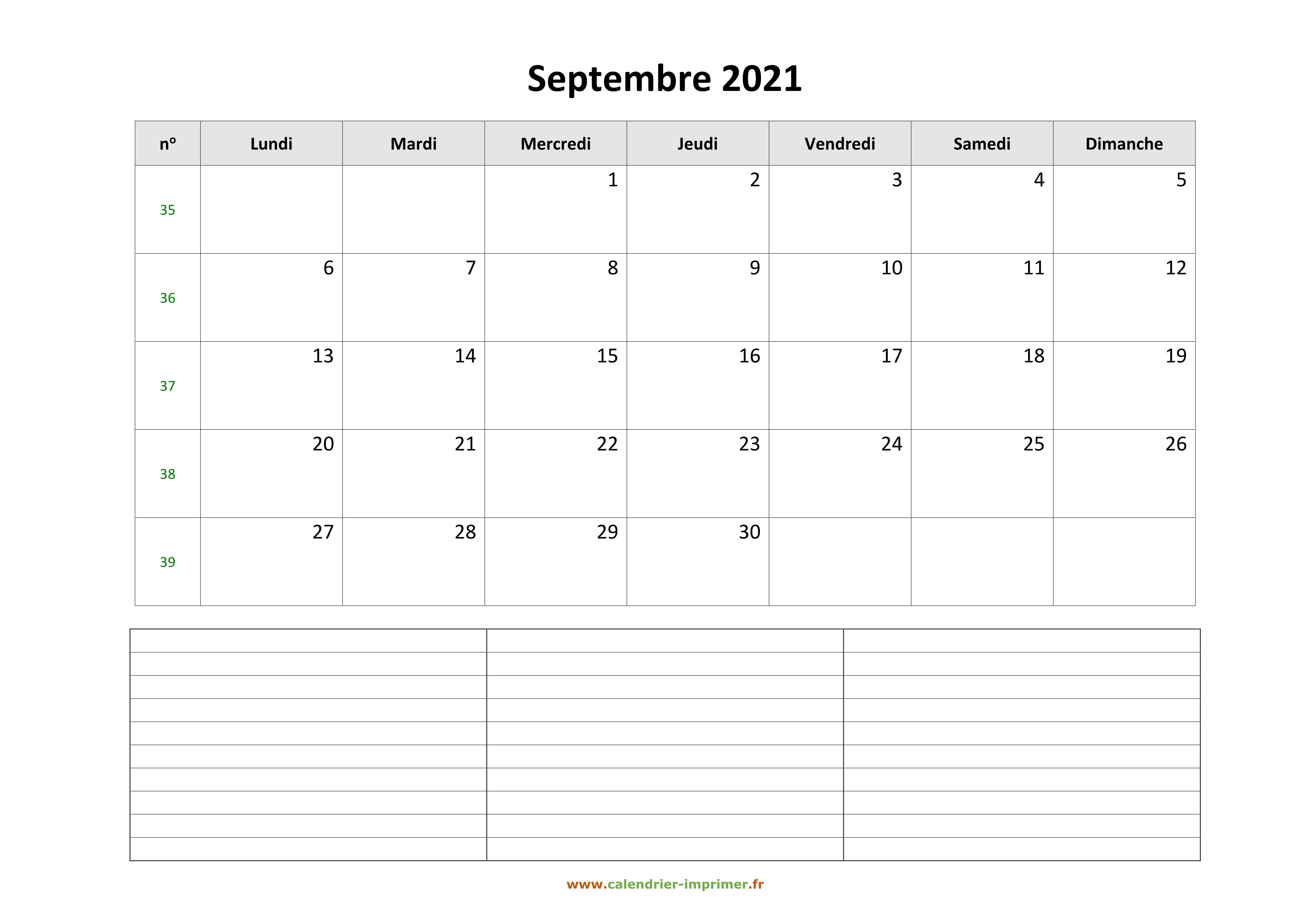 Calendrier Septembre 2021 à imprimer