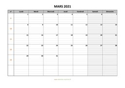 Calendrier Mars 2021 à imprimer