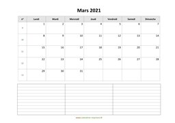 Calendrier Mars 2021 à imprimer