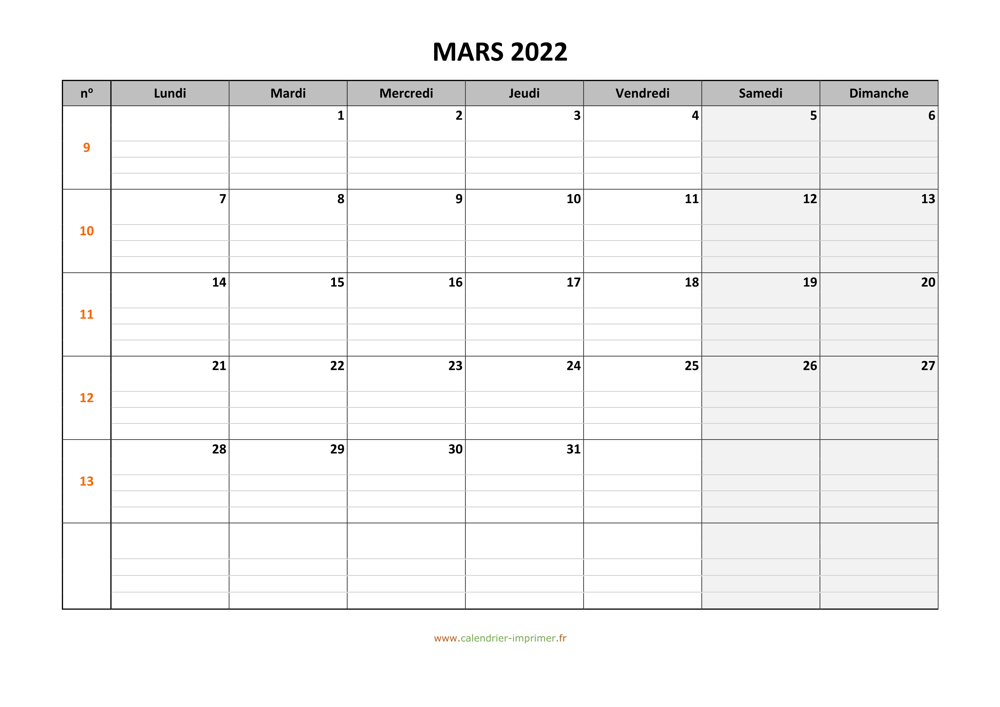 Calendrier Mars 2022 à imprimer