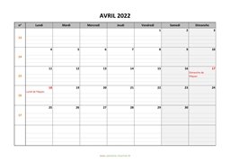 Calendrier Avril 2022 à imprimer