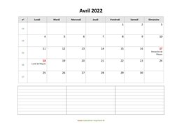 Calendrier Avril 2022 à imprimer