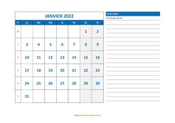 Calendrier Janvier 2022 à imprimer
