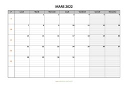 Calendrier Mars 2022 à imprimer