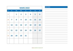 Calendrier Mars 2022 à imprimer