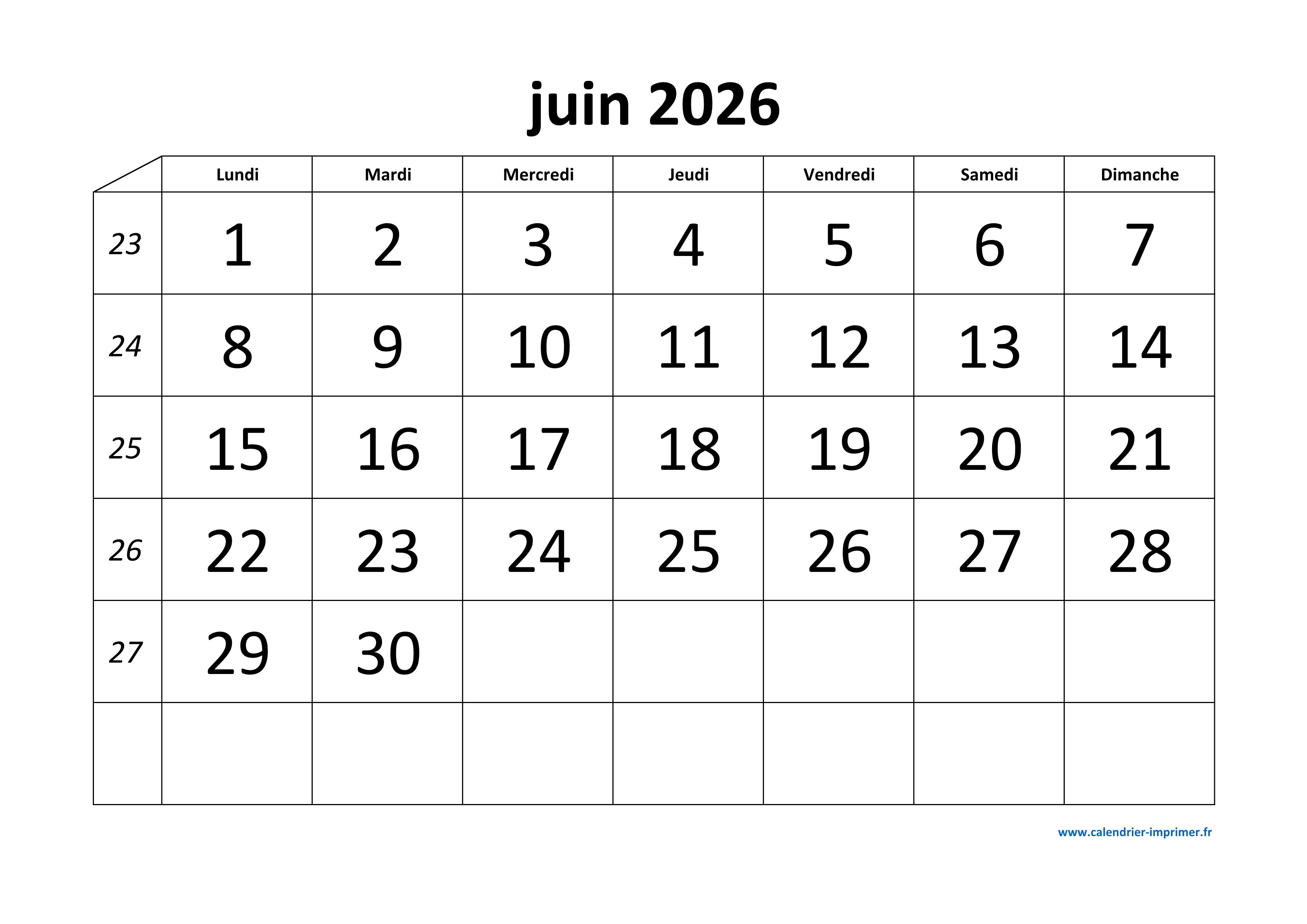 Calendrier Juin 2026 Imprimer