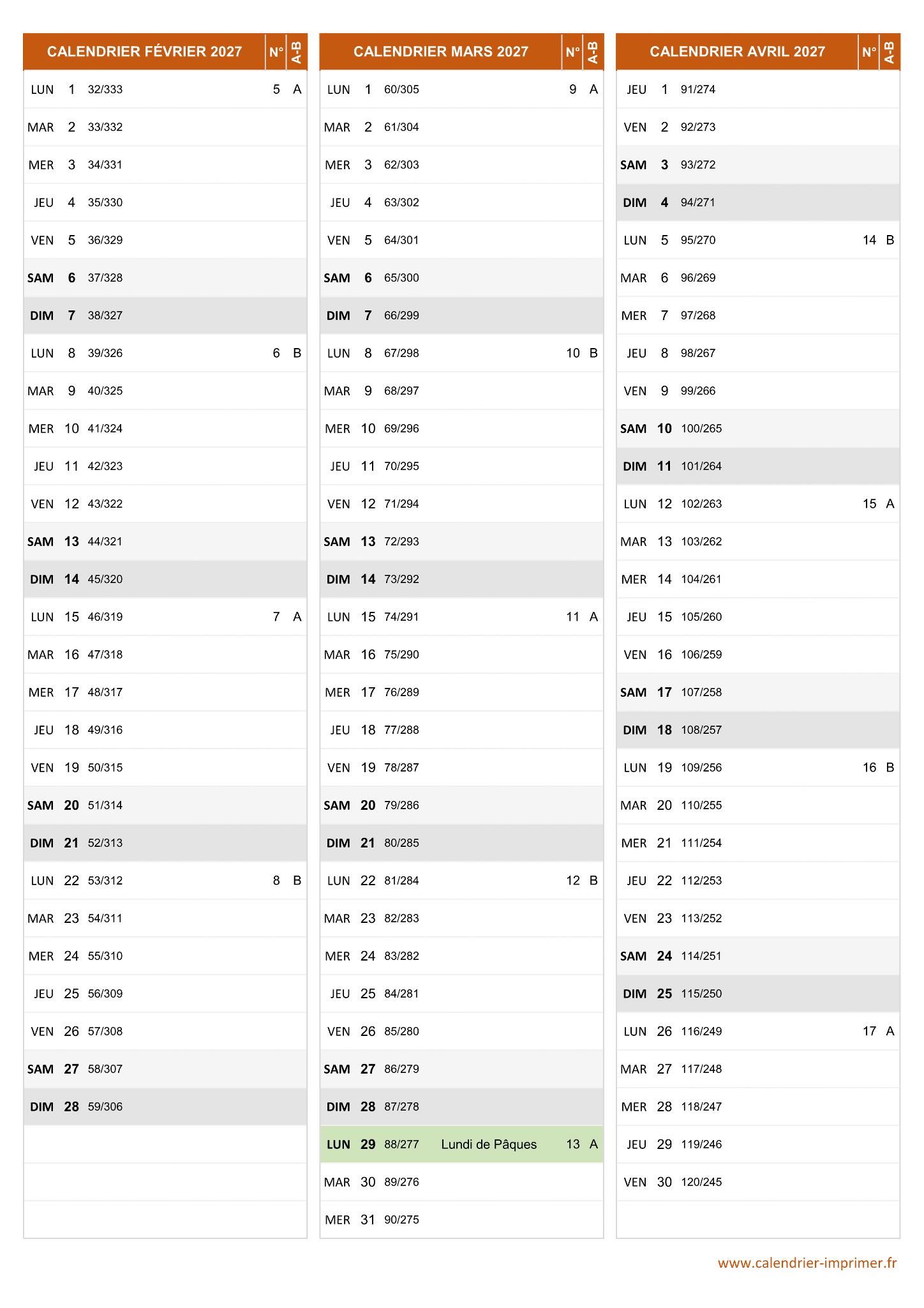 Calendrier Février à Avril 2027